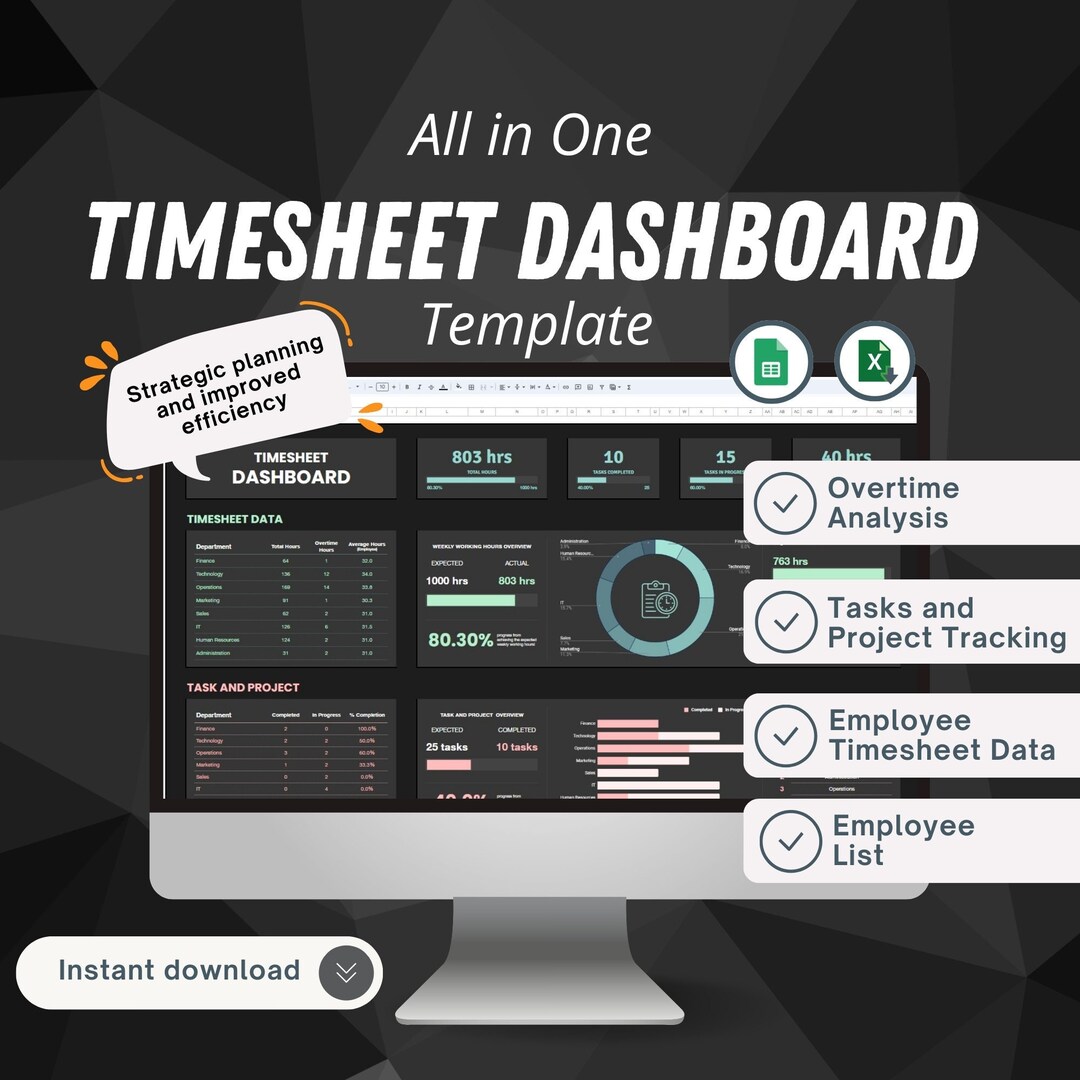 Timesheet Dashboard Template: Employee Timesheet, Overtime, Tasks (google Sheet & Excel) - Etsy