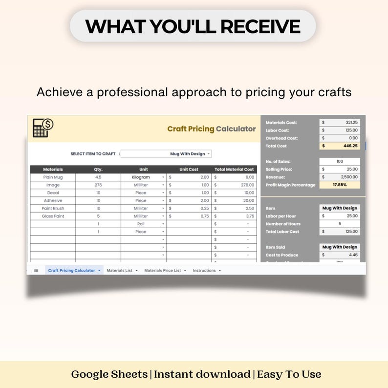 Craft Pricing Calculator: Excel & Google Sheets Template (digital ...