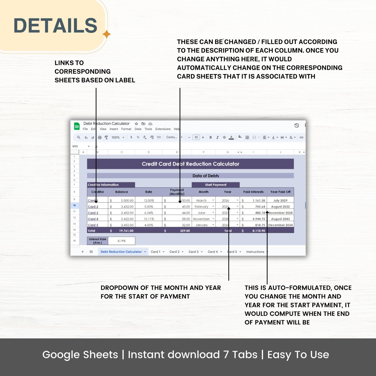 Debt Reduction Calculator Spreadsheet for Credit Cards, Editable Debt ...