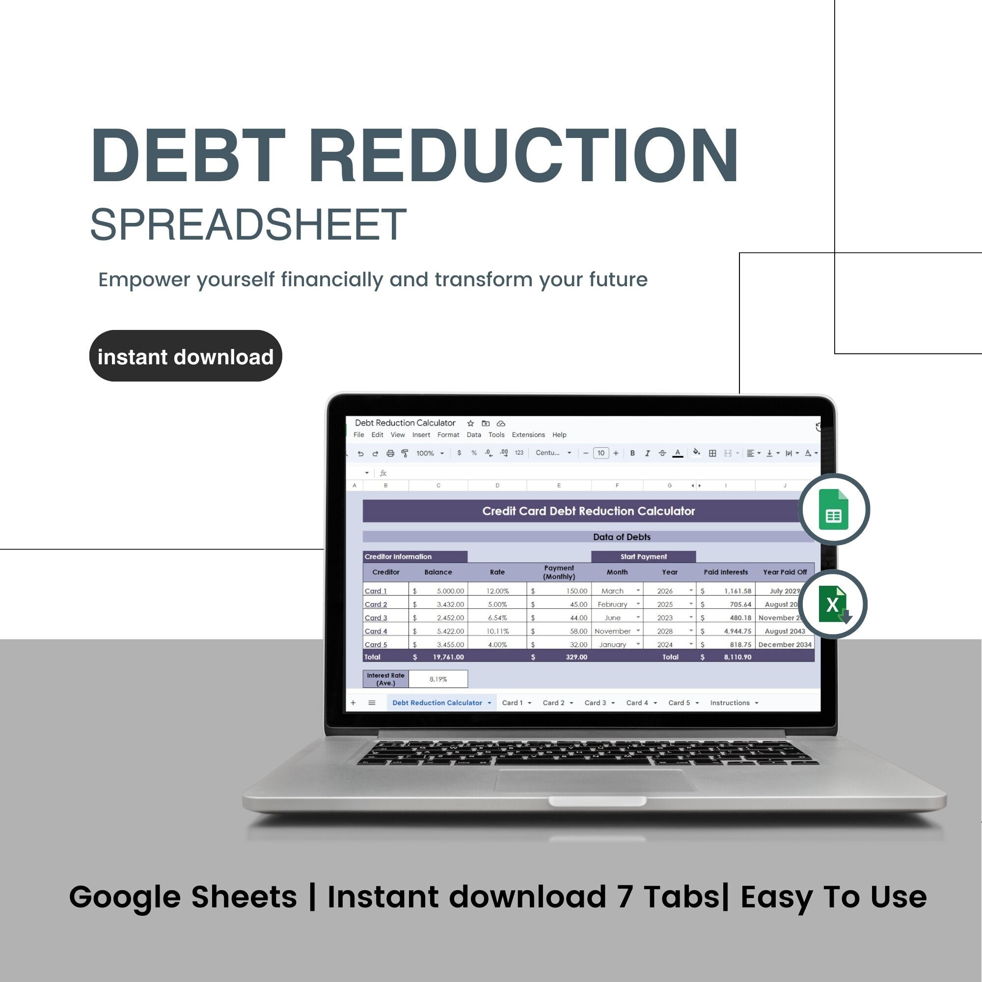 Debt Reduction Calculator Spreadsheet for Credit Cards, Editable Debt ...