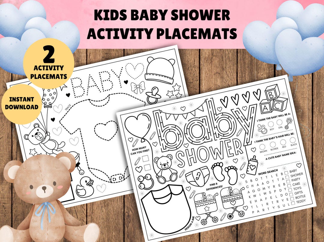 Kids Baby Shower Activity Placemats!! PRINTABLE Kids Activity Pages for ...