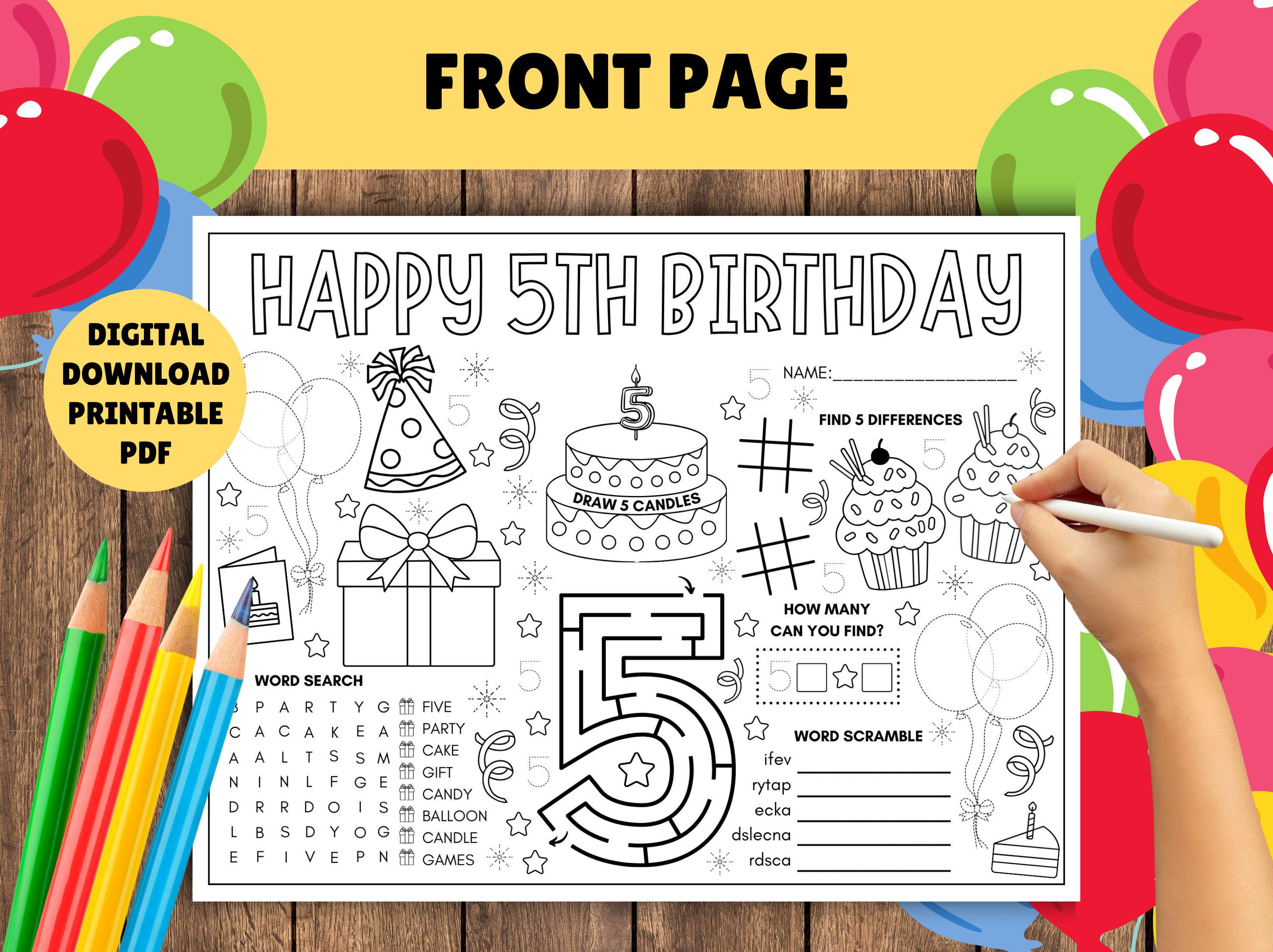 5th Birthday Activity Placemats - Printable Kids Birthday Placemat ...