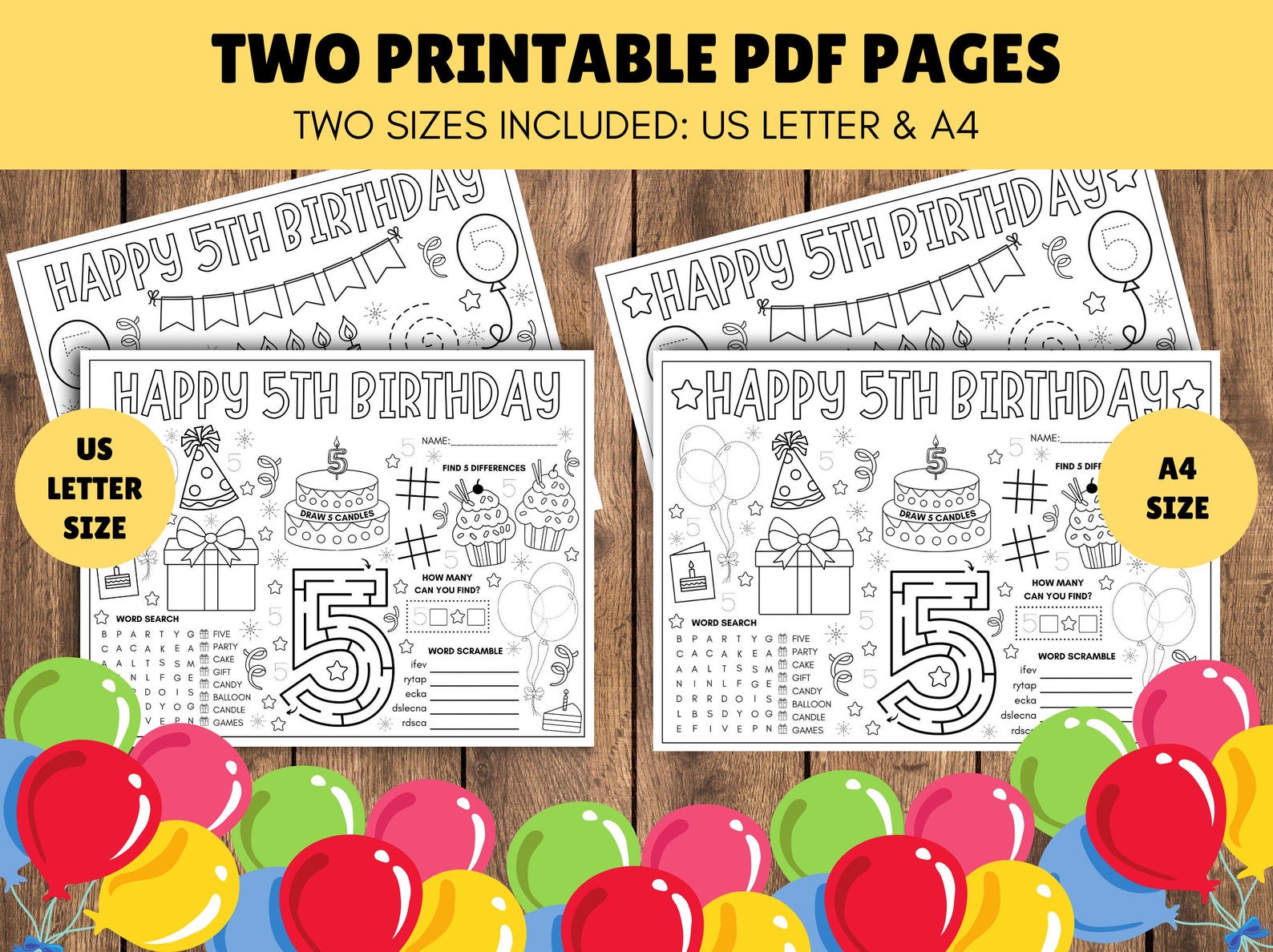 5th Birthday Activity Placemats - Printable Kids Birthday Placemat ...