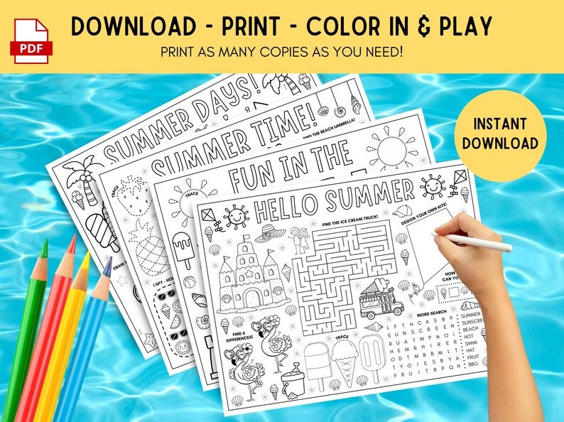 4 X Kids Summer Activity Placemats! PRINTABLE Summer Kids Activity ...