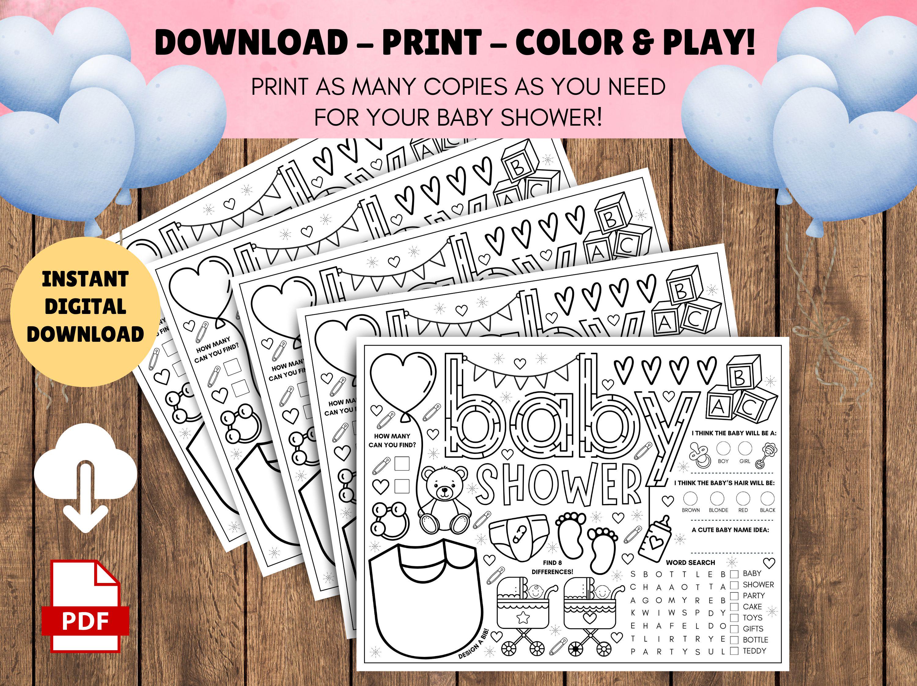 Kids Baby Shower Activity Placemats!! PRINTABLE Kids Activity Pages for ...