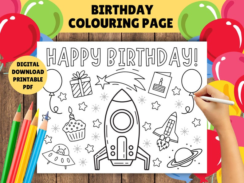 Printable Birthday Coloring Page for Kids - Space Rocket Theme ...