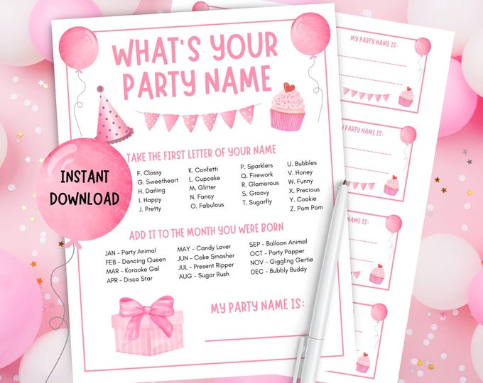 Whats Your Party Name, Name Tags, Sign Pink Birthday Party Games for ...