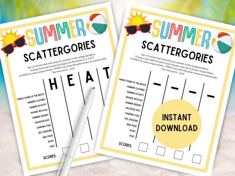 4 X Summer Scattergories Games! PRINTABLE Summer Scattergories Word ...