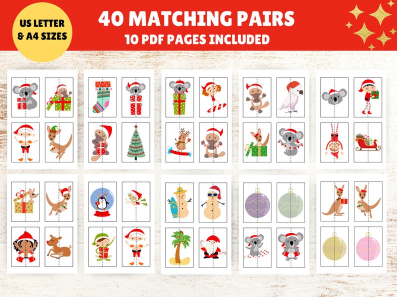 40 Printable Matching Pairs Puzzle - Cute Australian Christmas Theme ...