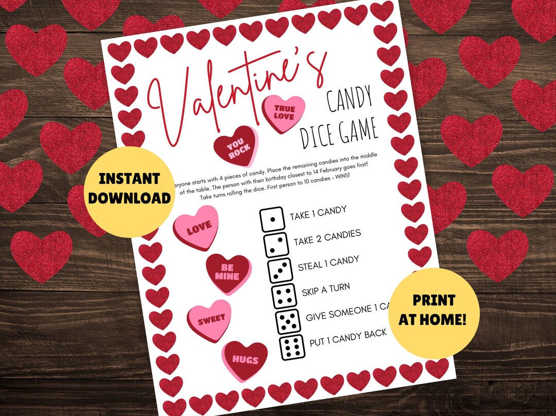 Valentine's Candy Dice Game - PRINTABLE Valentine's Candy Game, Dice ...