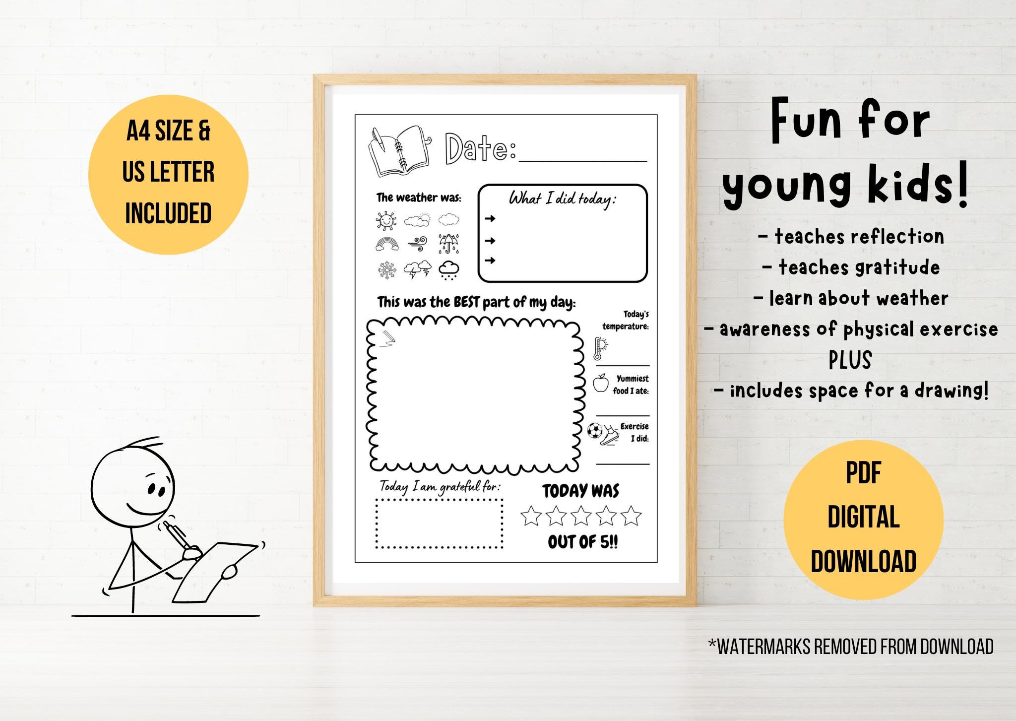 Kids Daily Journal Page DIGITAL DOWNLOAD Pdf Children's Diary One ...