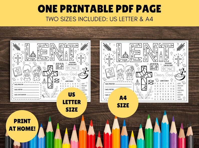 Kids LENT Activity Placemat - PRINTABLE Kids Lent Worksheet, Lent ...