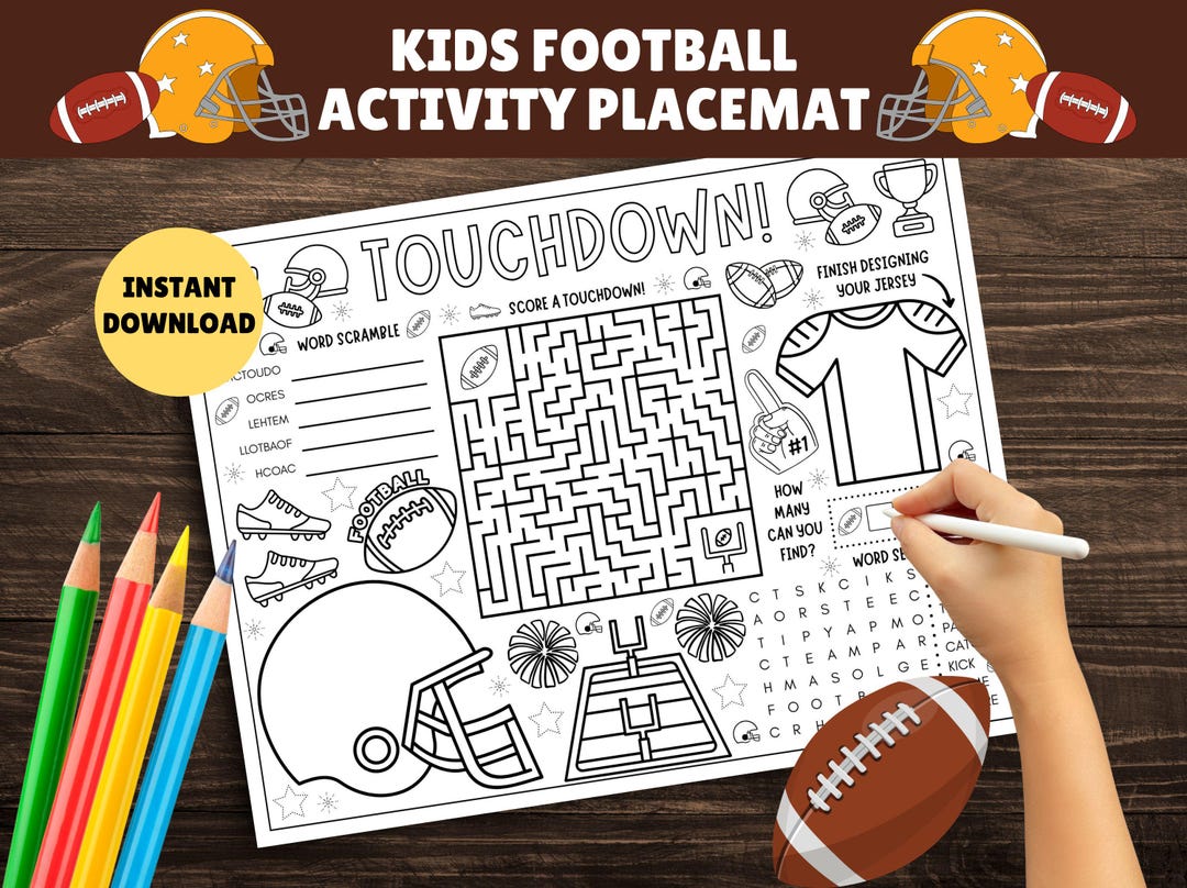 Kids Football Activity Placemat – Touchdown, Game Day Worksheet ...