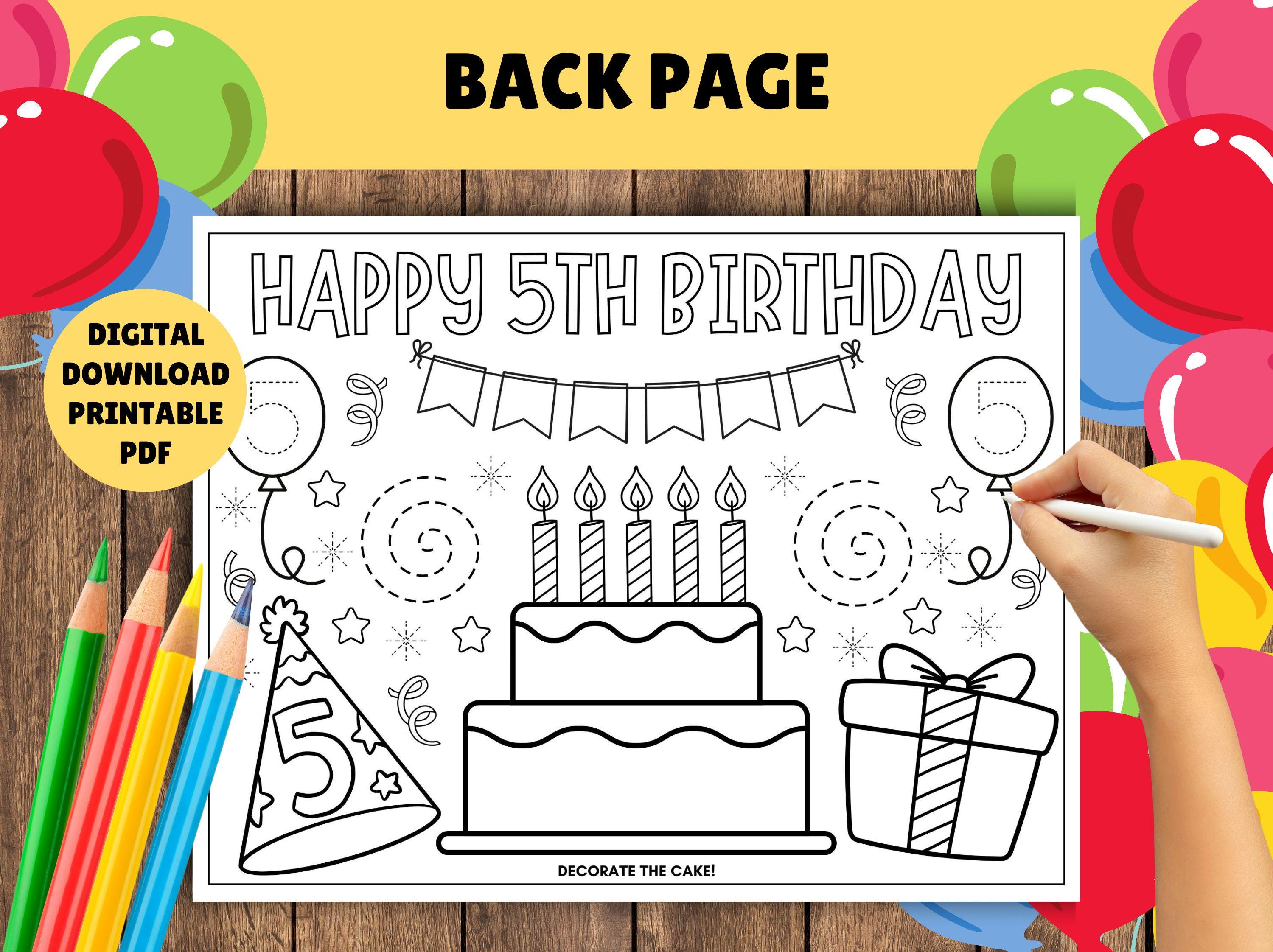 5th Birthday Activity Placemats - Printable Kids Birthday Placemat ...