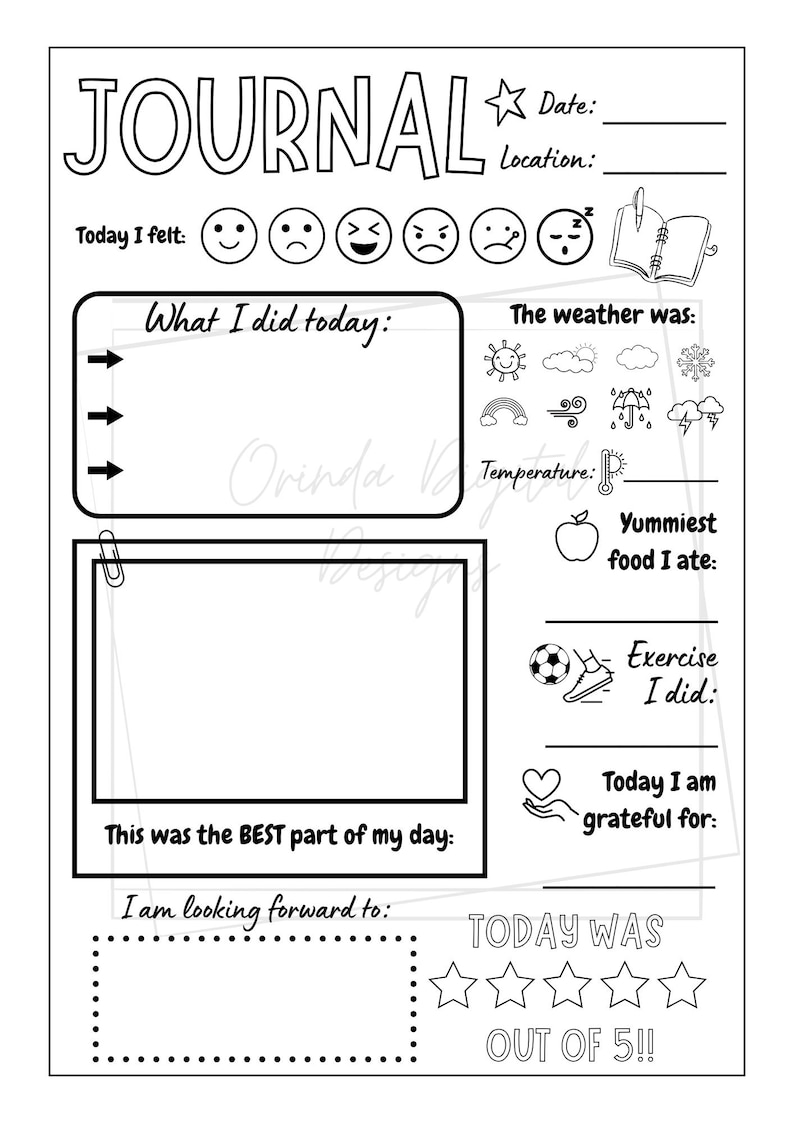 Kids Daily Journal Page - DIGITAL DOWNLOAD Pdf - Children's Diary - One ...