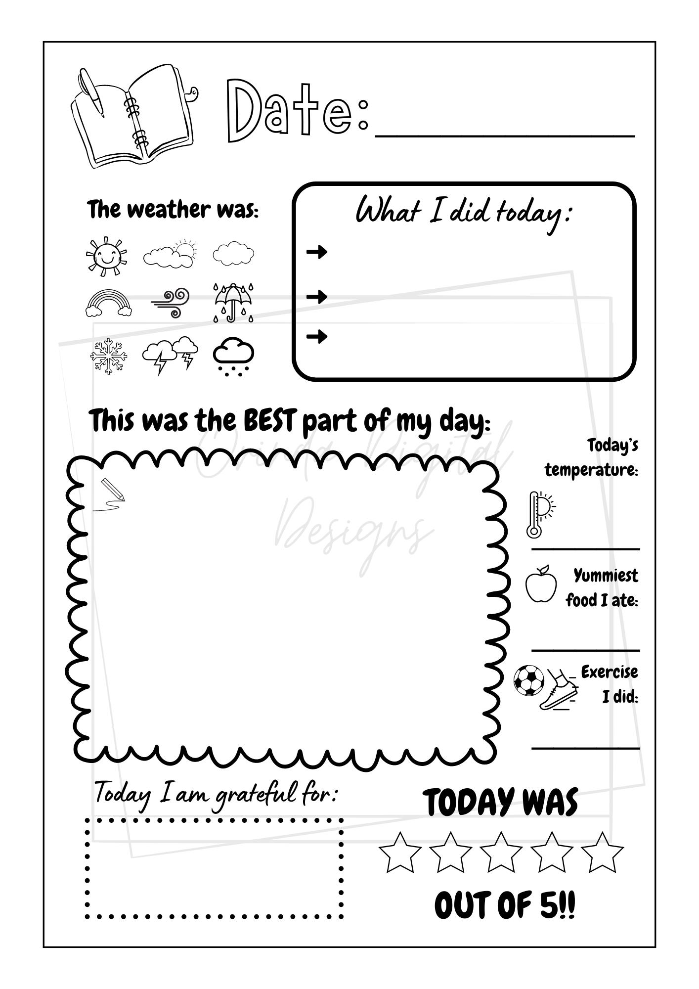 Kids Daily Journal Page - DIGITAL DOWNLOAD Pdf - Children's Diary - One ...