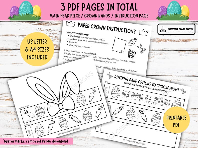 Bunny Ears Paper Crown! PRINTABLE Easter Coloring Crown! Kids Easter ...