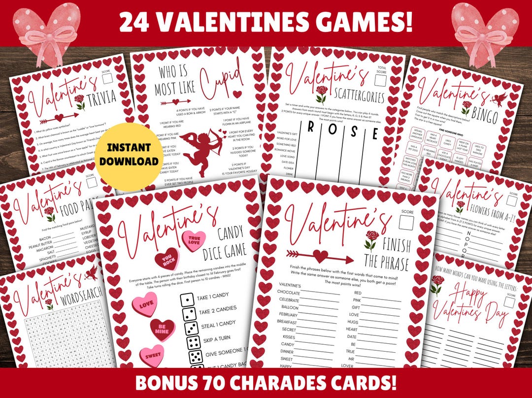 24 Valentine's Games - US Letter - BONUS Charades Cards! PRINTABLE ...