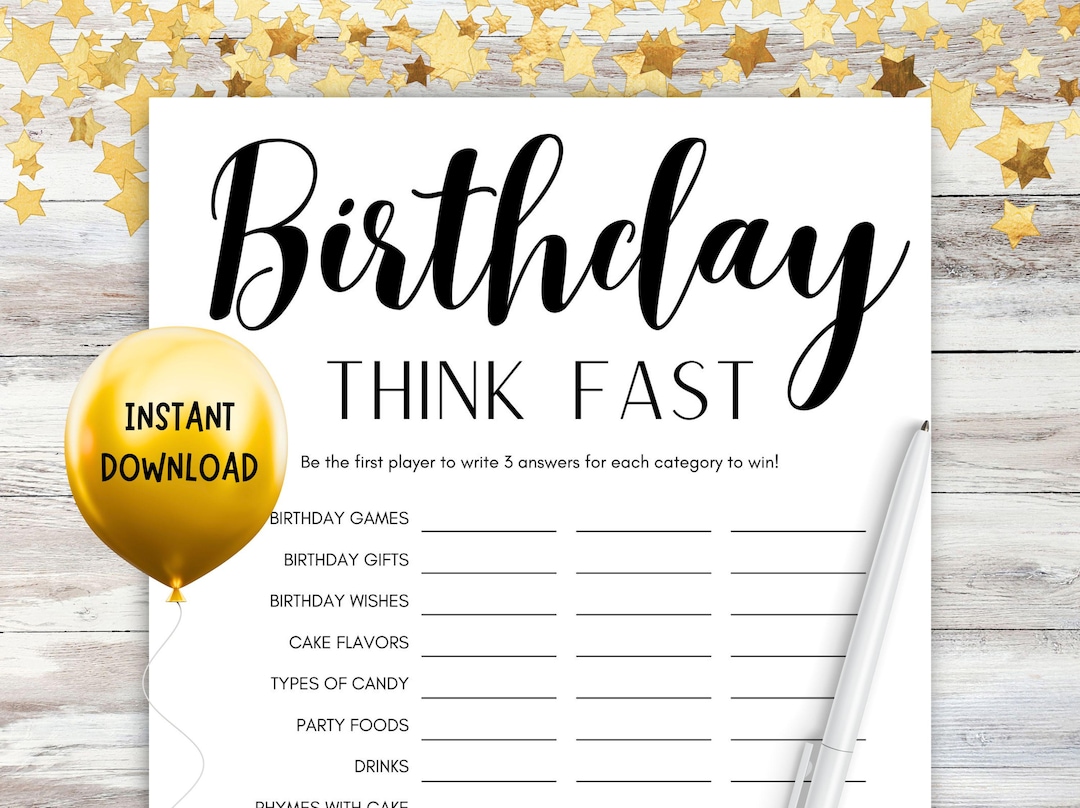 Think Fast Birthday Party Game! PRINTABLE Think Quick Birthday Game ...