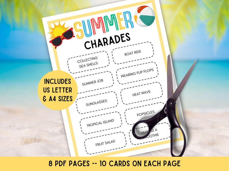 80 Summer Charades Cards! PRINTABLE Summer Charades Game, Act Out or ...