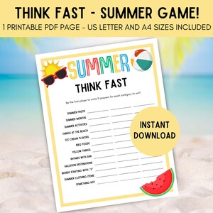 Summer Think Fast Game! PRINTABLE Summer Think Quick Game, Summer ...