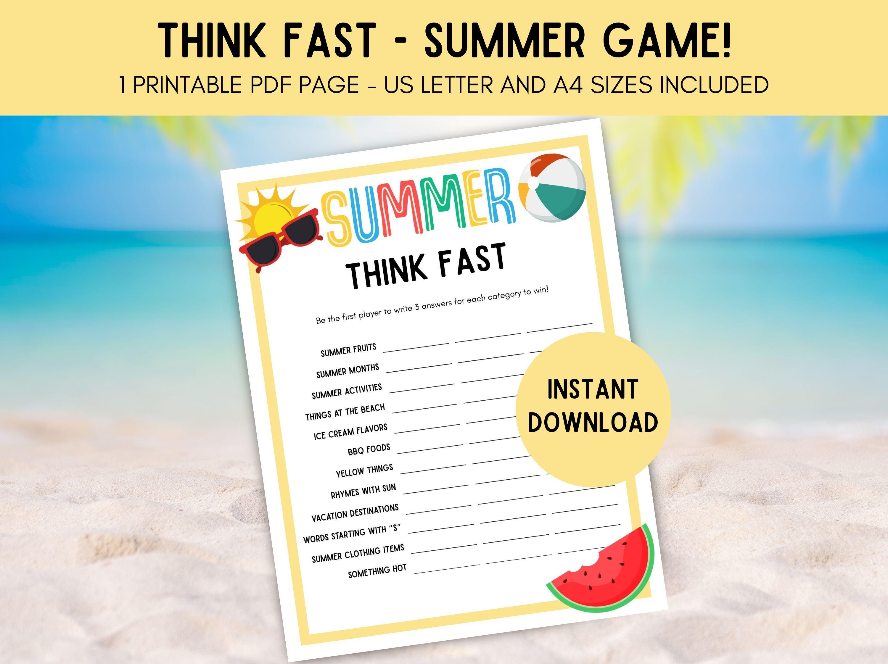 Summer Think Fast Game! PRINTABLE Summer Think Quick Game, Summer ...