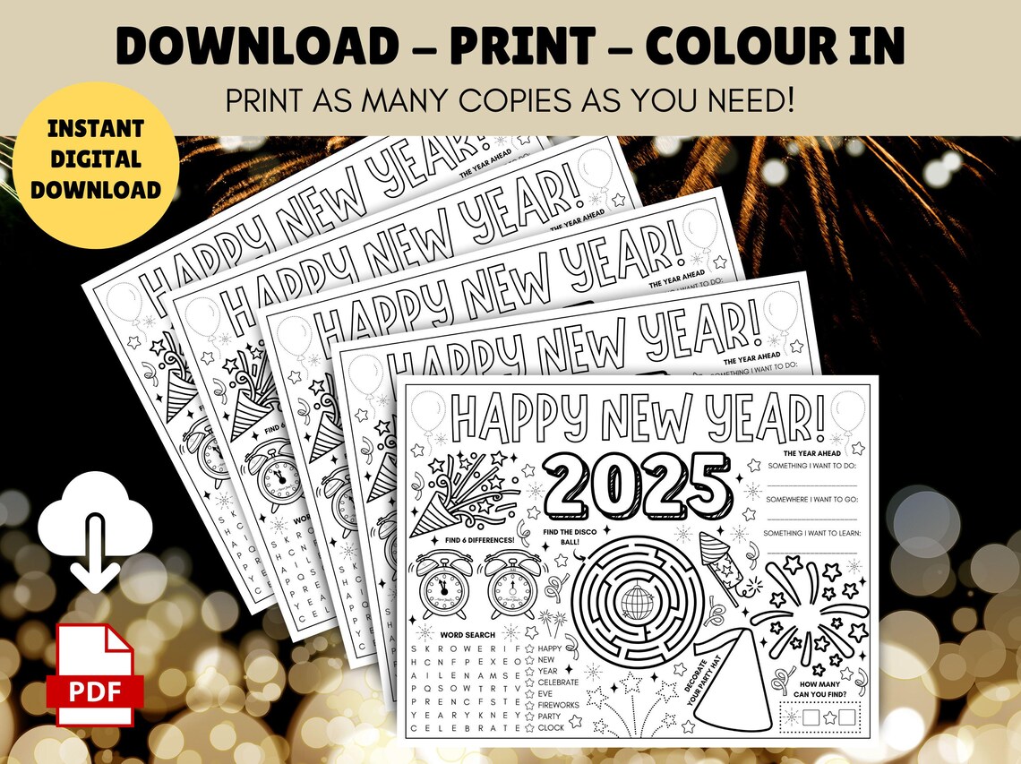 New Years Eve Activity Placemat for Kids - PRINTABLE New Years Activity ...