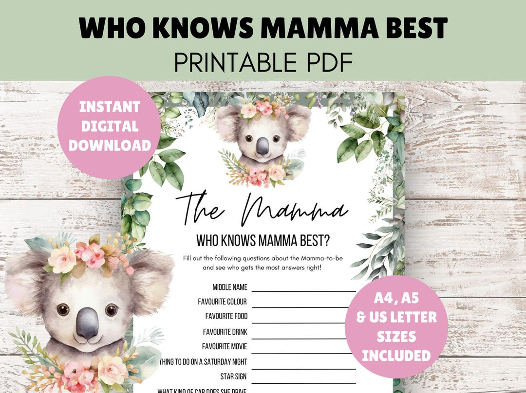 Who Knows Mamma Best - Koala Theme - Baby Shower Game - One Page ...