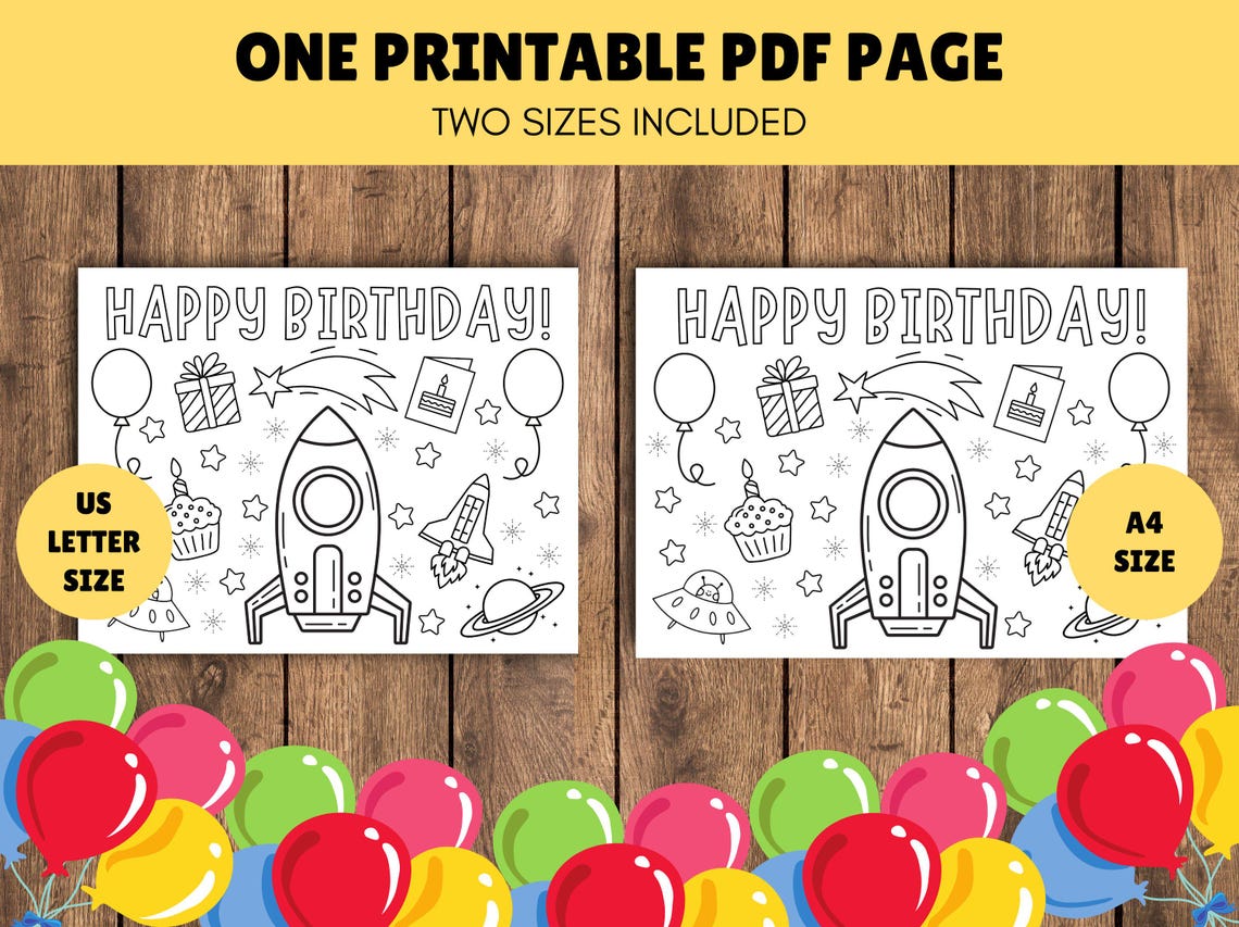 Printable Birthday Coloring Page for Kids - Space Rocket Theme ...