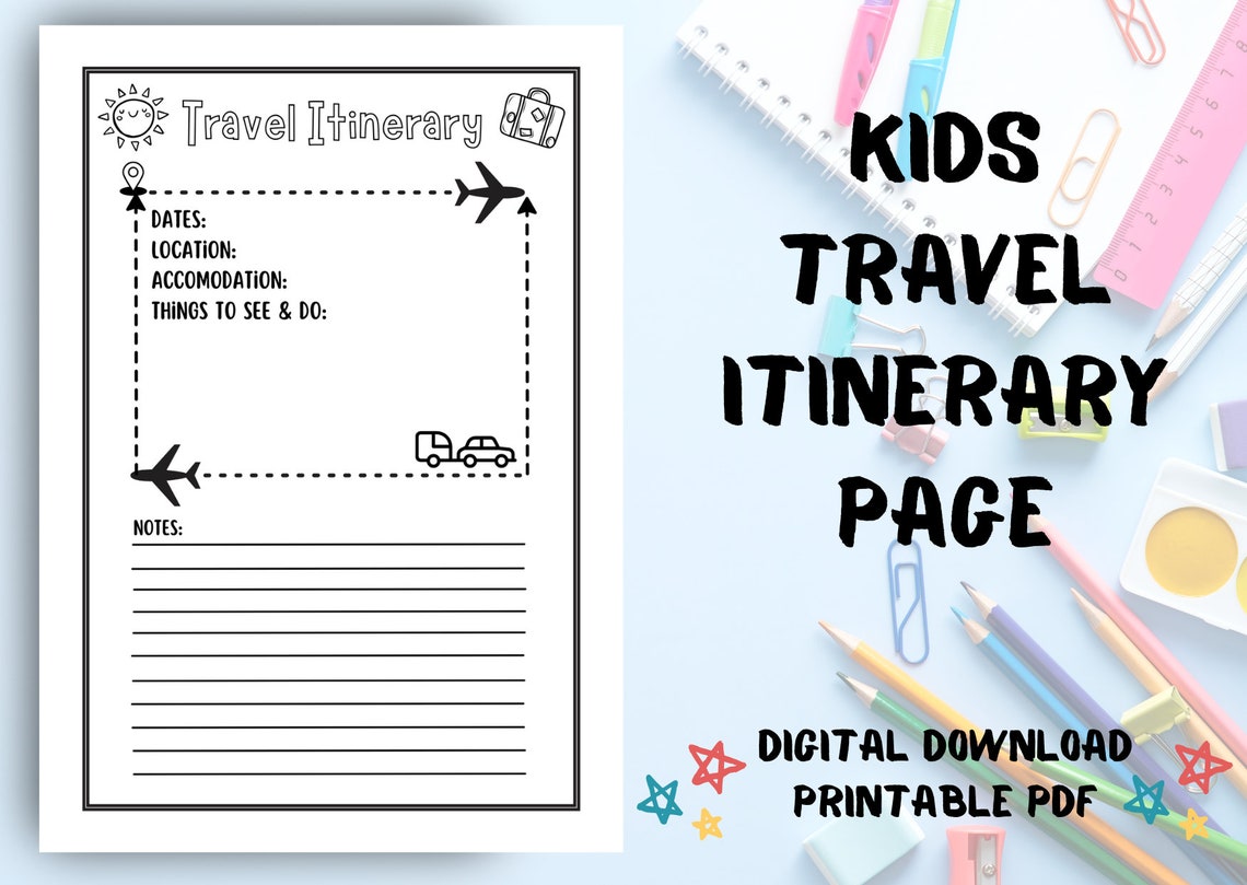 Kids Travel Itinerary Page Instant DIGITAL Download Printable PDF ...
