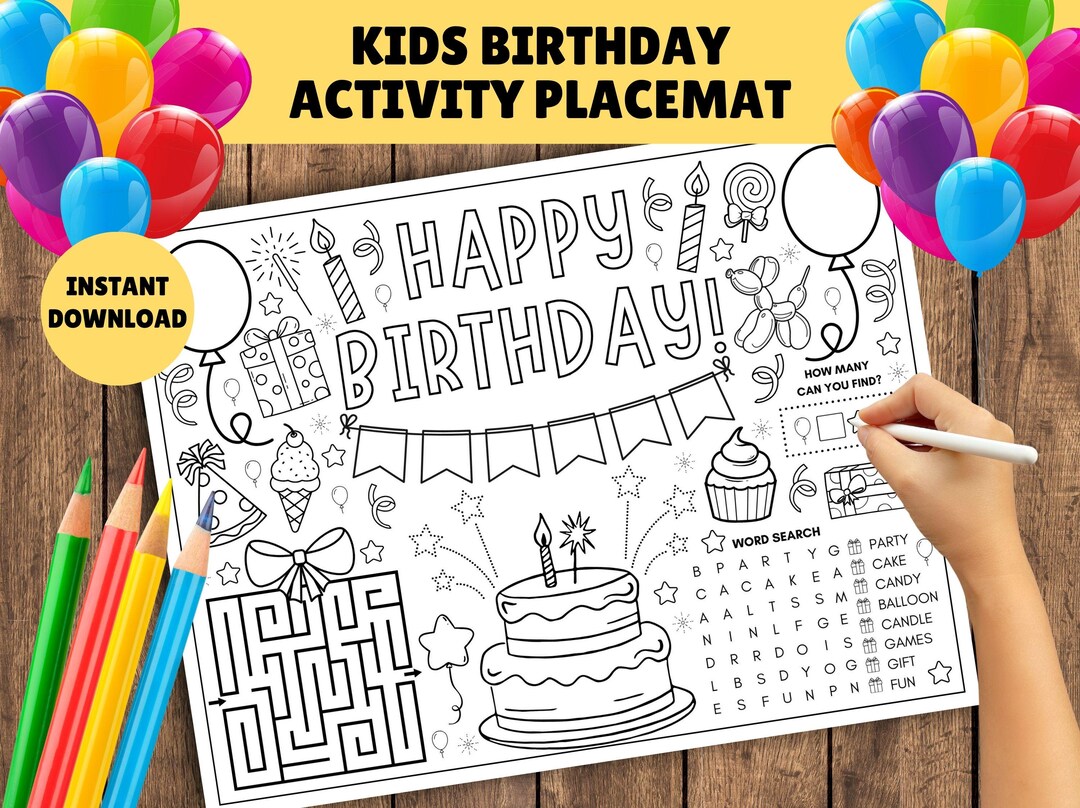 Kids Birthday Activity Placemat - PRINTABLE Kids Birthday Party ...