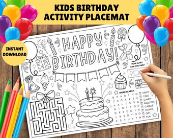 5th Birthday Activity Placemats - Printable Kids Birthday Placemat ...