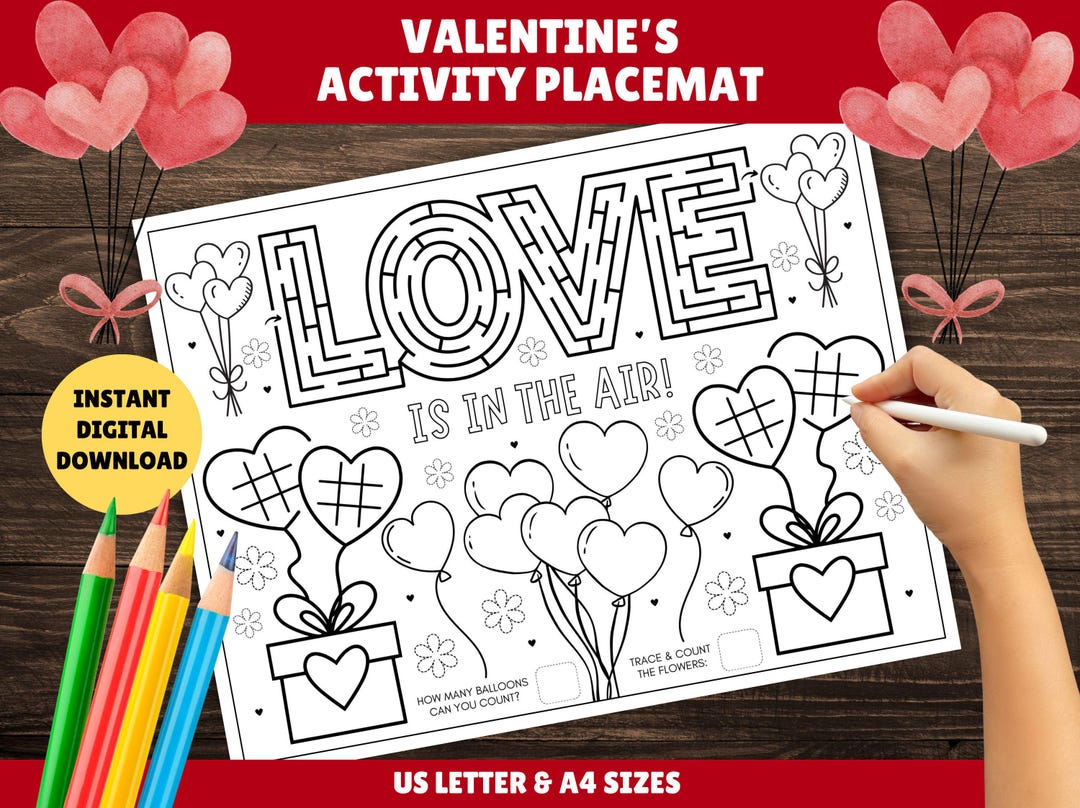Kids "love is in the Air" Activity Placemat - PRINTABLE Kids Valentine ...