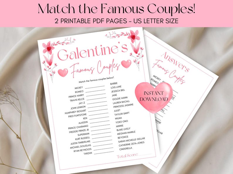 Match the Famous Couples Game! PRINTABLE Galentine's Party Game ...