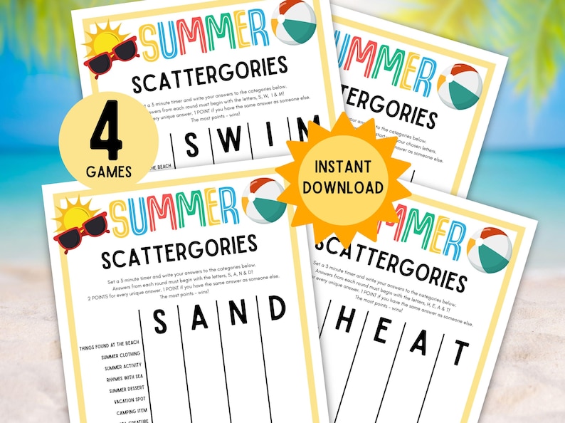 4 X Summer Scattergories Games! PRINTABLE Summer Scattergories Word ...