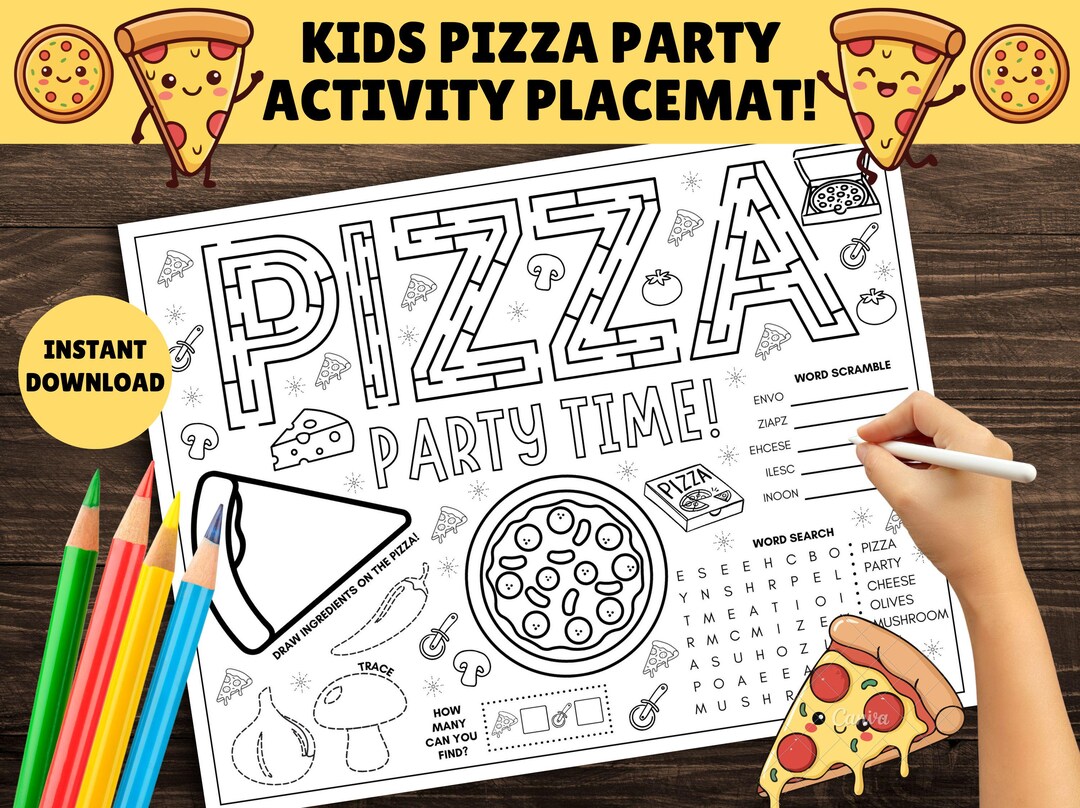 Kids Pizza Party Activity Placemat – Maze, Drawing, Word Search ...
