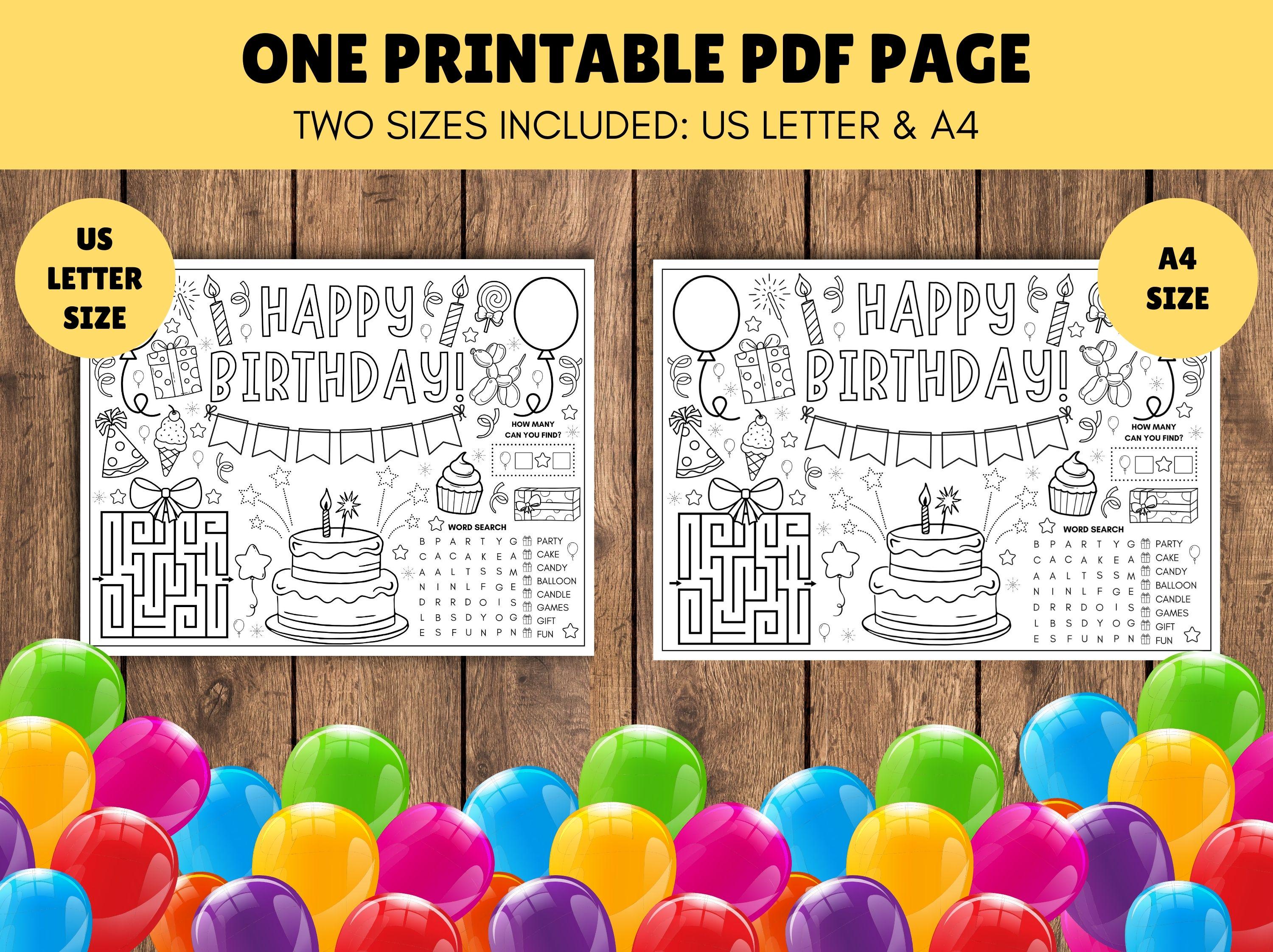 Kids Birthday Activity Placemat - PRINTABLE Kids Birthday Party ...