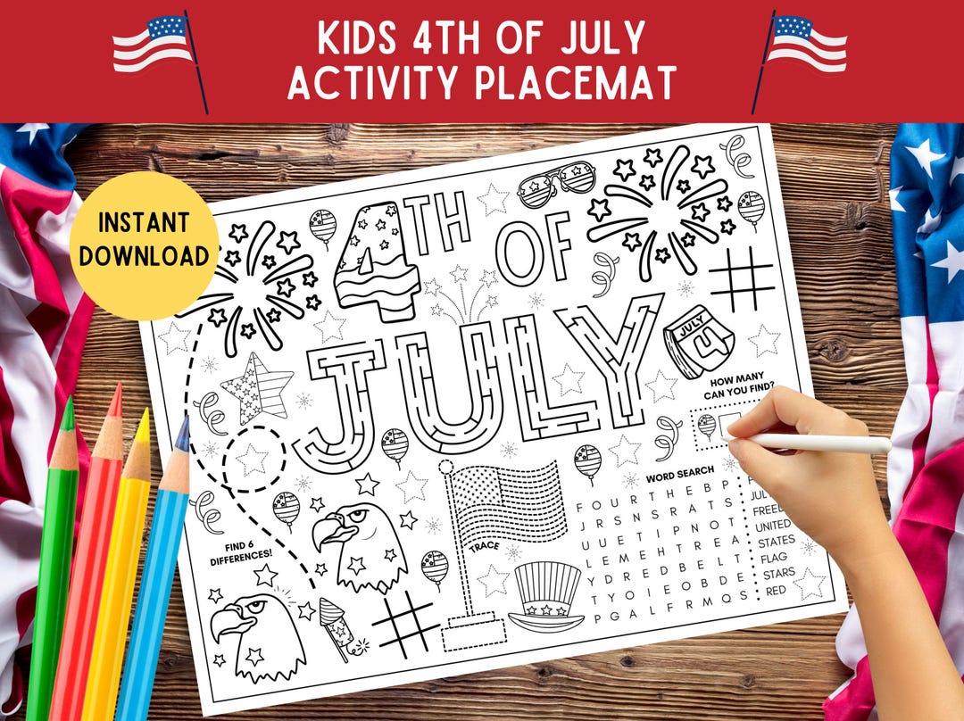 Kids 4th of July Activity Placemat, Printable Worksheet (PDF) - Etsy