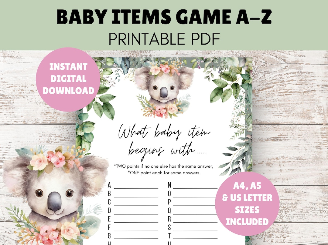 Baby Items Game A-Z --- Koala Theme - Baby Shower Game - One Page ...