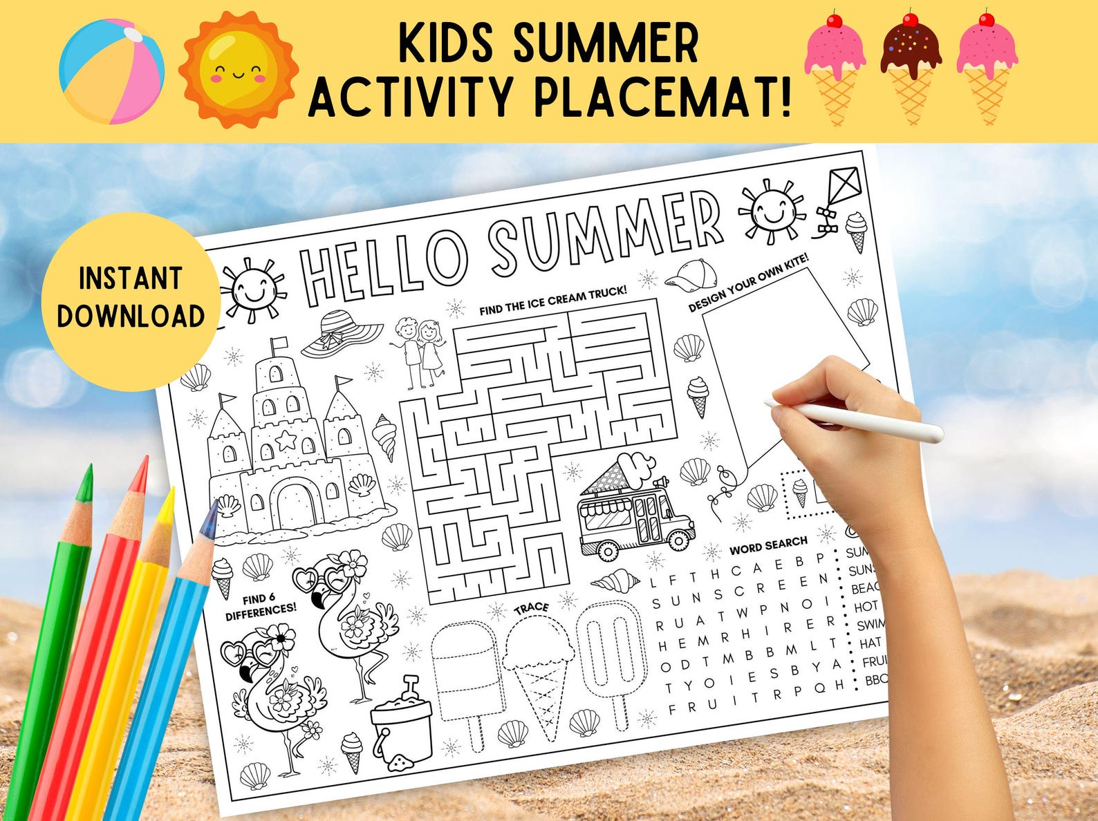 Kids Summer Activity Placemat! PRINTABLE Summer Kids Activity Page ...