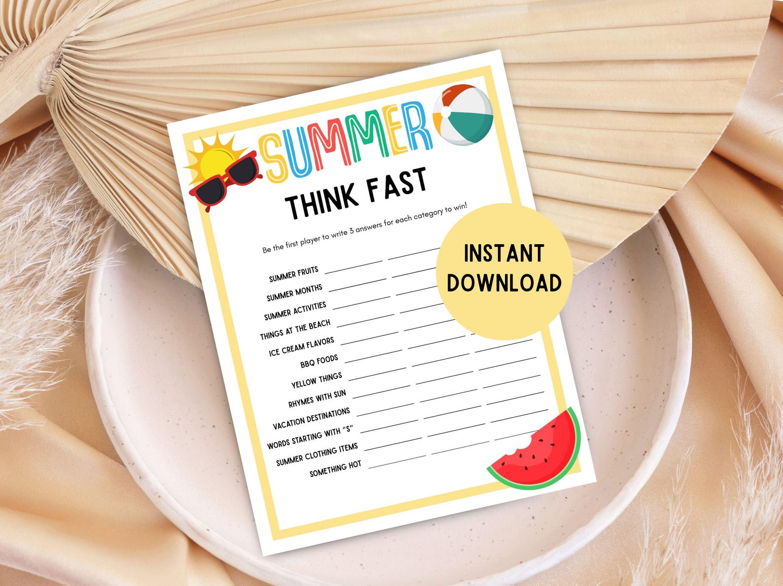Summer Think Fast Game! PRINTABLE Summer Think Quick Game, Summer ...