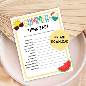 Summer Think Fast Game! PRINTABLE Summer Think Quick Game, Summer ...