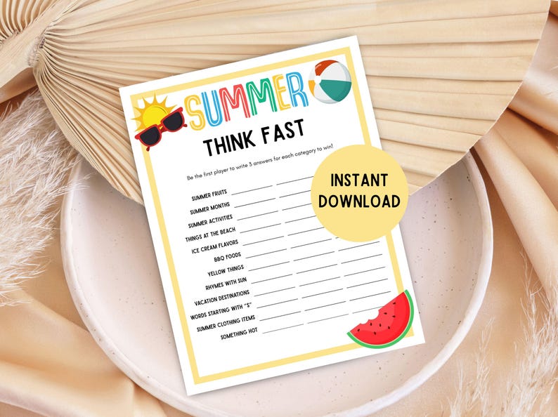 Summer Think Fast Game! PRINTABLE Summer Think Quick Game, Summer ...