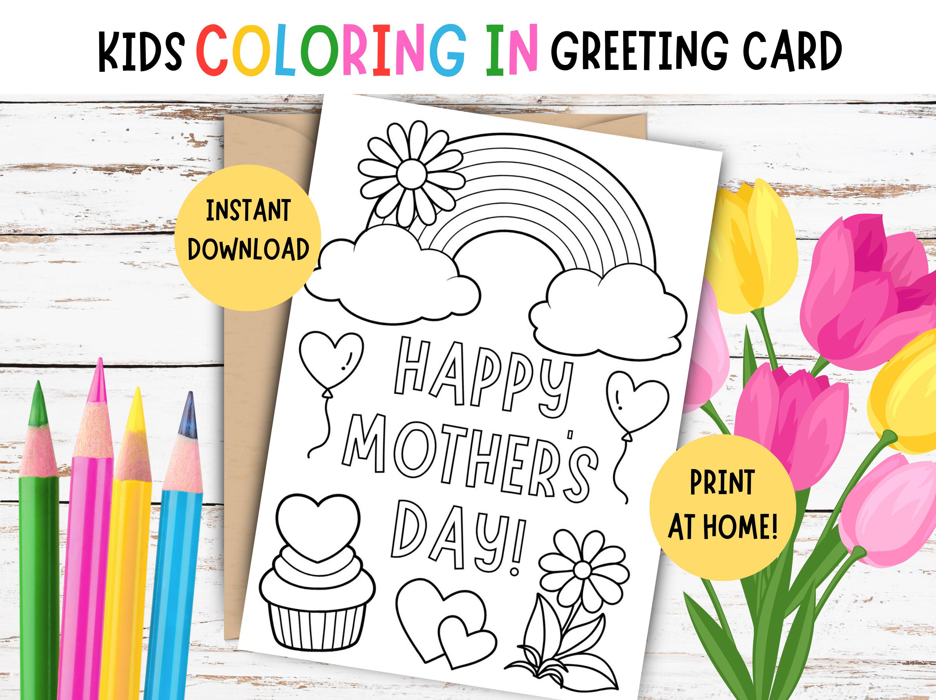 Kids Mother's Day Coloring Card - PRINTABLE Kids Mother's Day Card ...