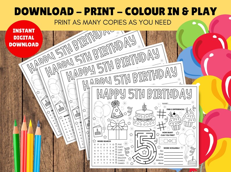 5th Birthday Activity Placemats - Printable Kids Birthday Placemat ...