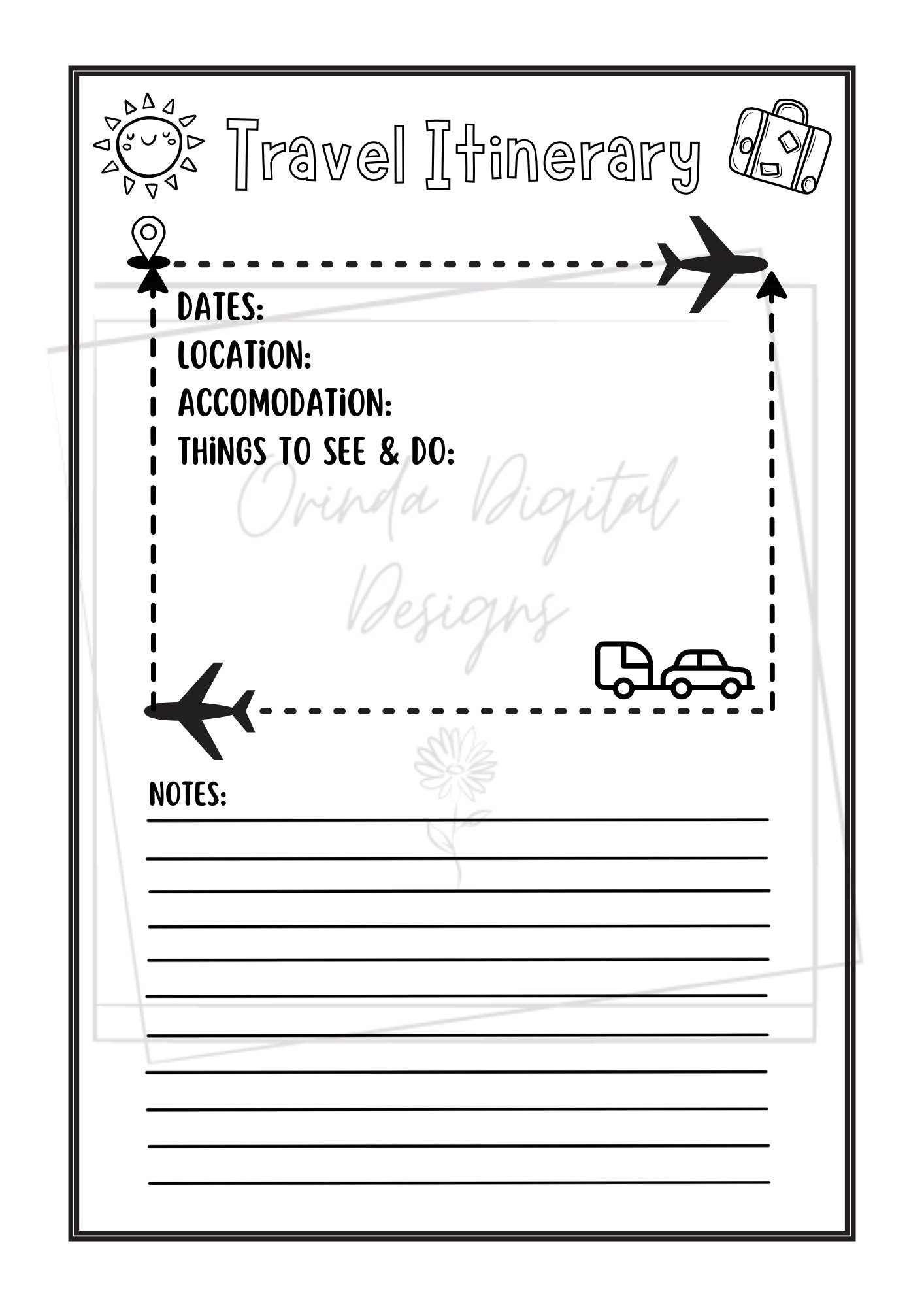 Kids Travel Itinerary Page Instant DIGITAL Download Printable PDF ...