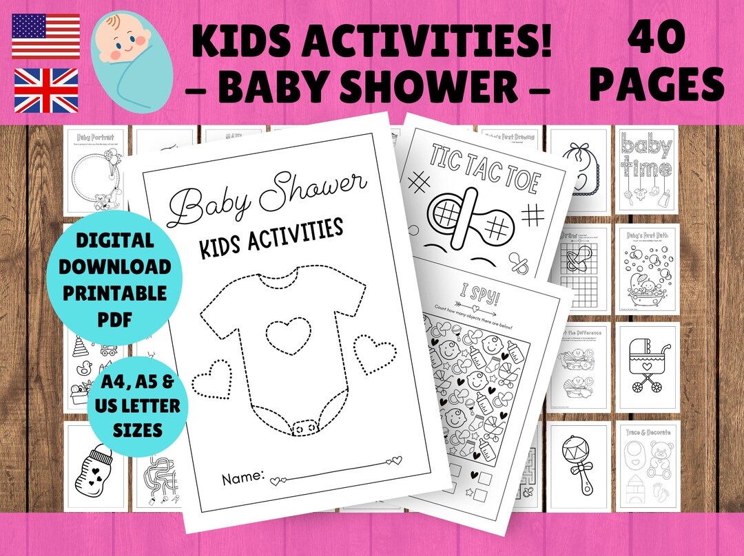 40 Pages - Kids Baby Shower Activities - Activity Book Pack - Instant ...