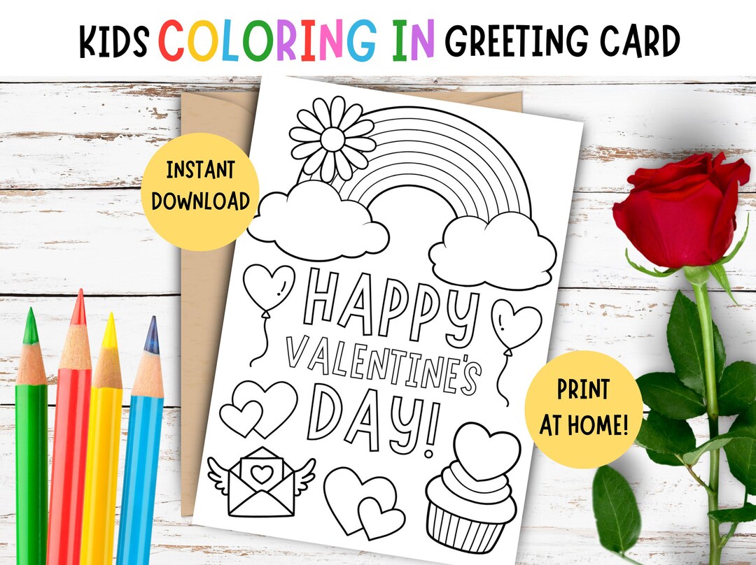 Kids Coloring Valentine's Day Card - PRINTABLE Valentine's Day Card for ...