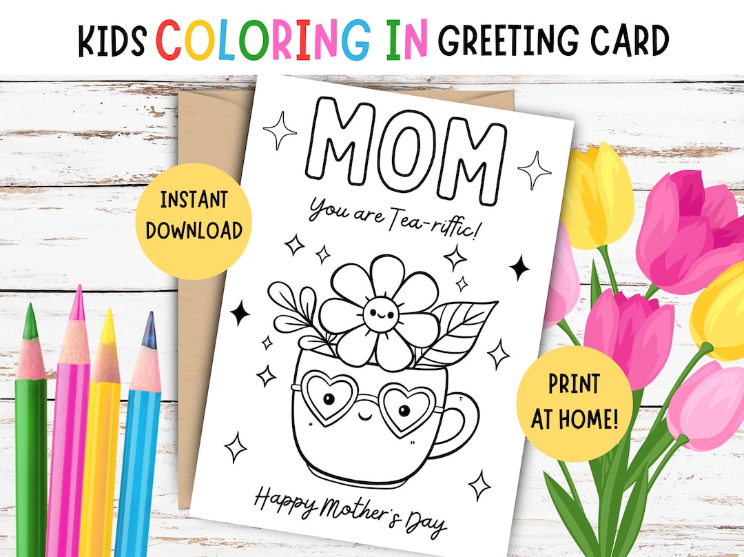 Kids Mother's Day Coloring Card - PRINTABLE Kids Mother's Day Card ...
