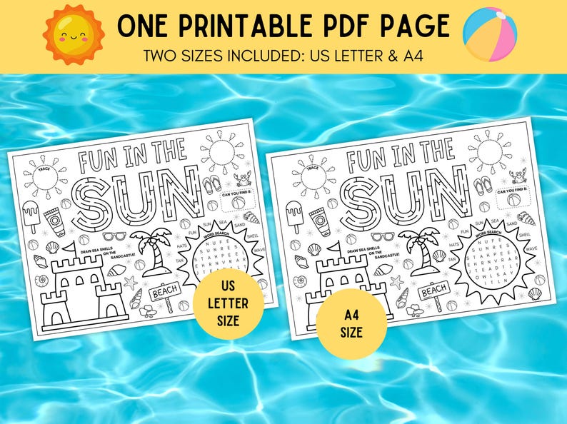 Kids Summer Activity Placemat! PRINTABLE Summer Kids Activity Page ...